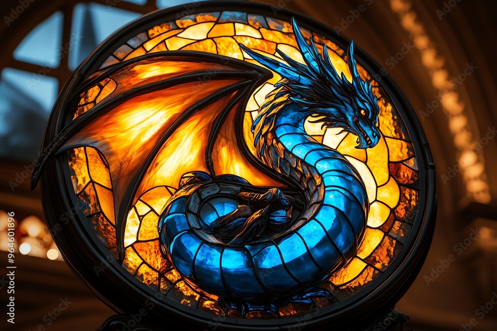 Stained glass window, featuring mythical creatures, dragons and ...