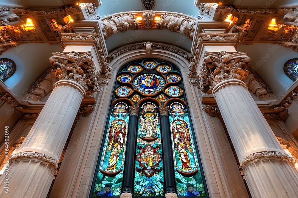 Stained glass window, framed by stone columns, regal and majestic ...