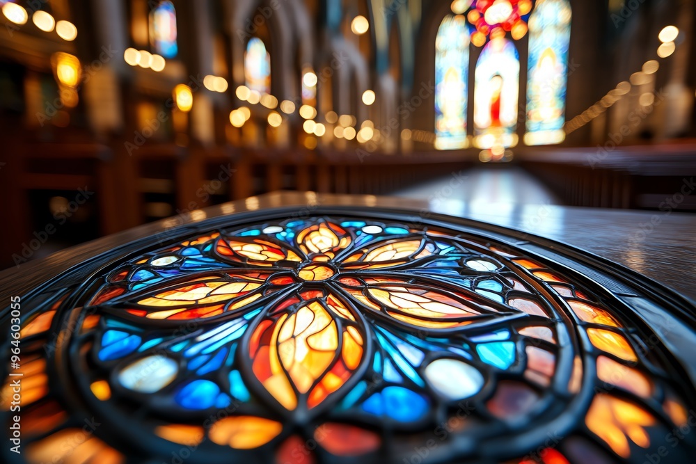 Stained glass window, shattered and restored, history preserved tells a ...