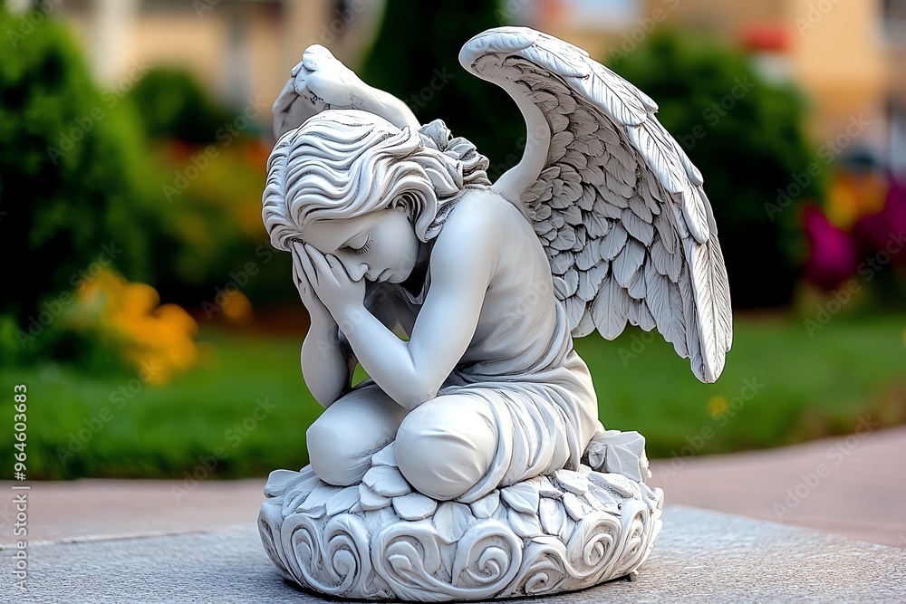 Stone angel, arms wrapped around itself, frozen in sorrow appears to be ...