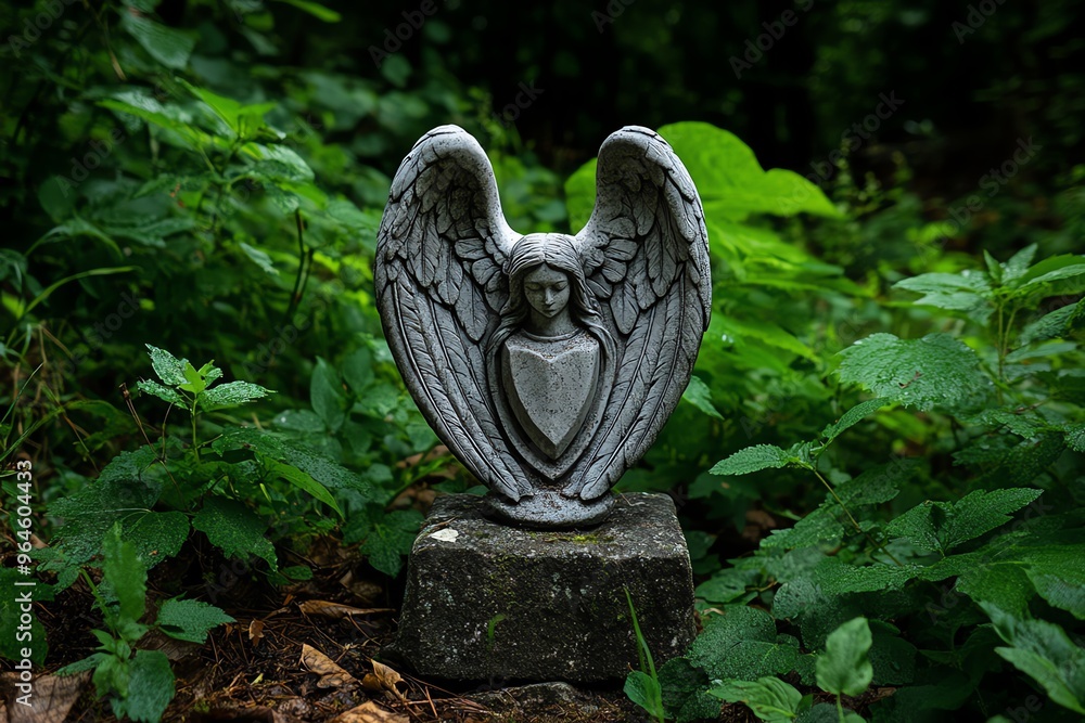 Stone angel, hidden in a forest clearing, forgotten by time remains ...