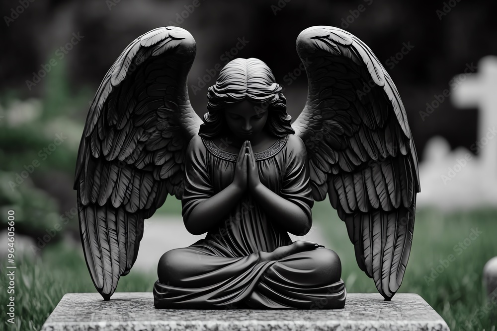 Stone angel, wings folded around its body, silent protector stands as a ...