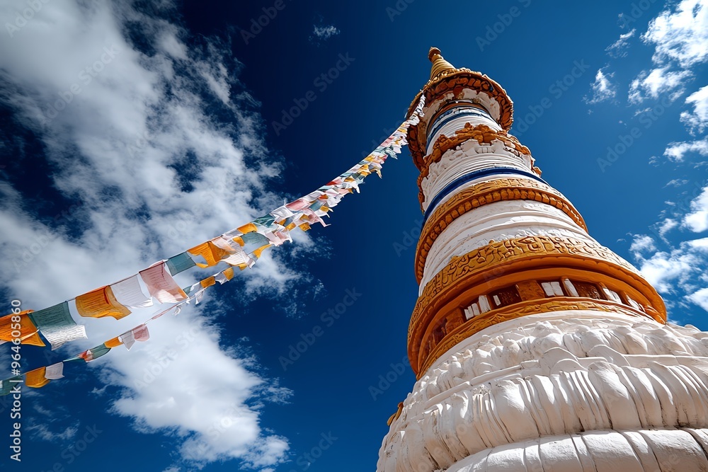 Stupa, sacred Buddhist monument, surrounded by prayer flags symbolizes ...