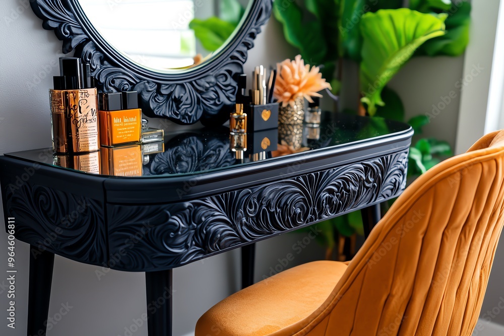 Vanity table with a chic, Parisian-inspired design, captured in a photo ...
