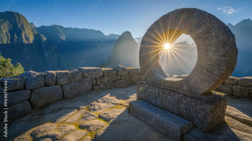 The sun shining through the Intihuatana stone at Machu Picchu, an ...