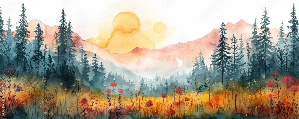 A painting of a forest with a sun in the sky. The trees are green and ...