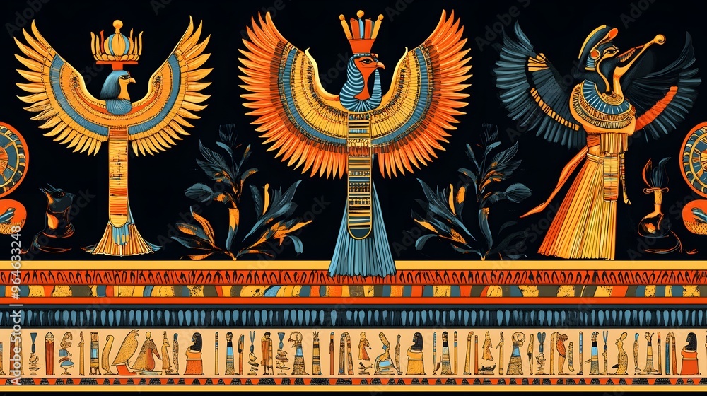 Pattern with intricate Egyptian motifs including hieroglyphic borders ...
