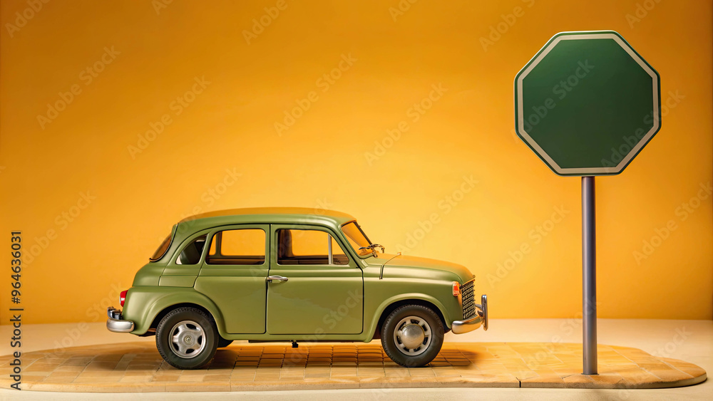 A car was positioned next to a stop sign, traffic control, road safety ...