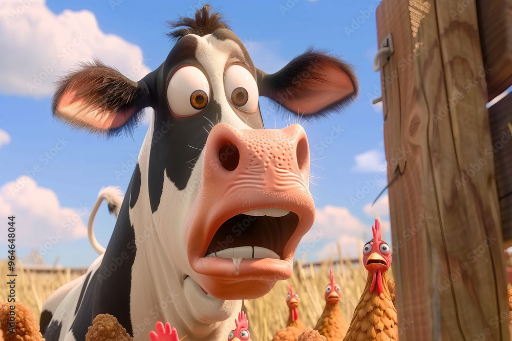 Cartoon cow with a shocked expression standing in a field surrounded by ...