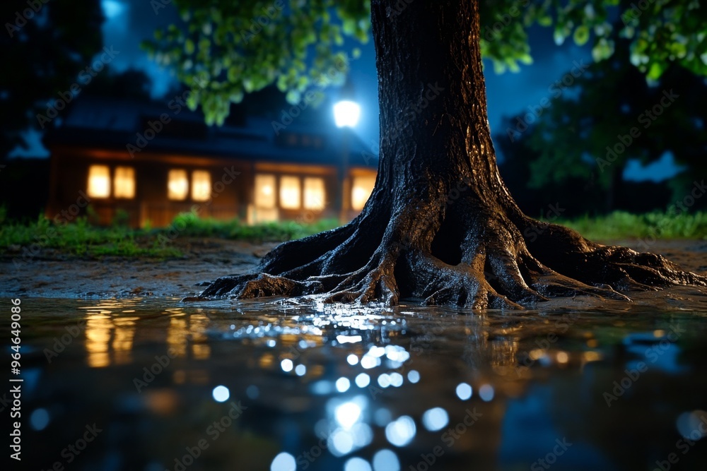 Gnarled tree standing near the pond with roots stretching into the ...