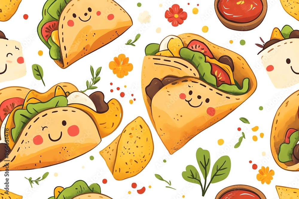Cute cartoon tacos with smiley faces surrounded by colorful vegetables ...