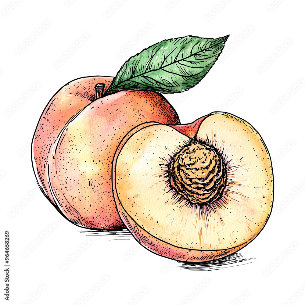Watercolor and ink peach drawing. Whole and half peach illustration ...