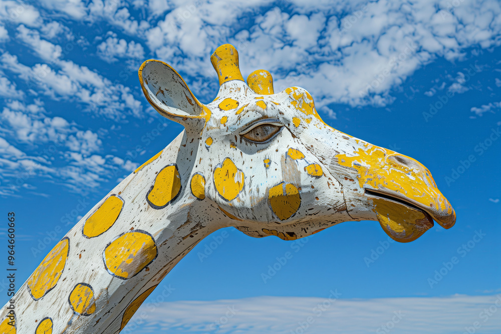 Giraffe with yellow spots on its face is standing in front of a blue ...