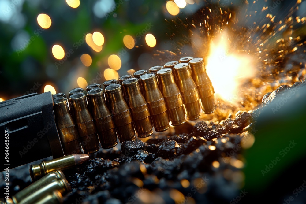 Ammo belt being fed into a machine gun during a fast-paced action scene ...