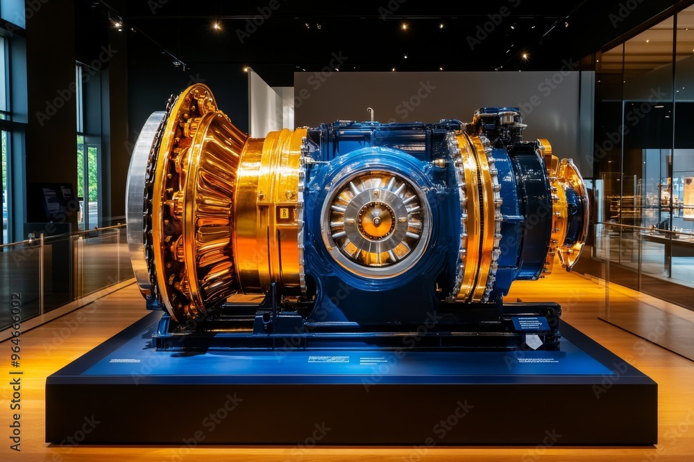 Antique engine preserved in a museum exhibit, telling the story of ...