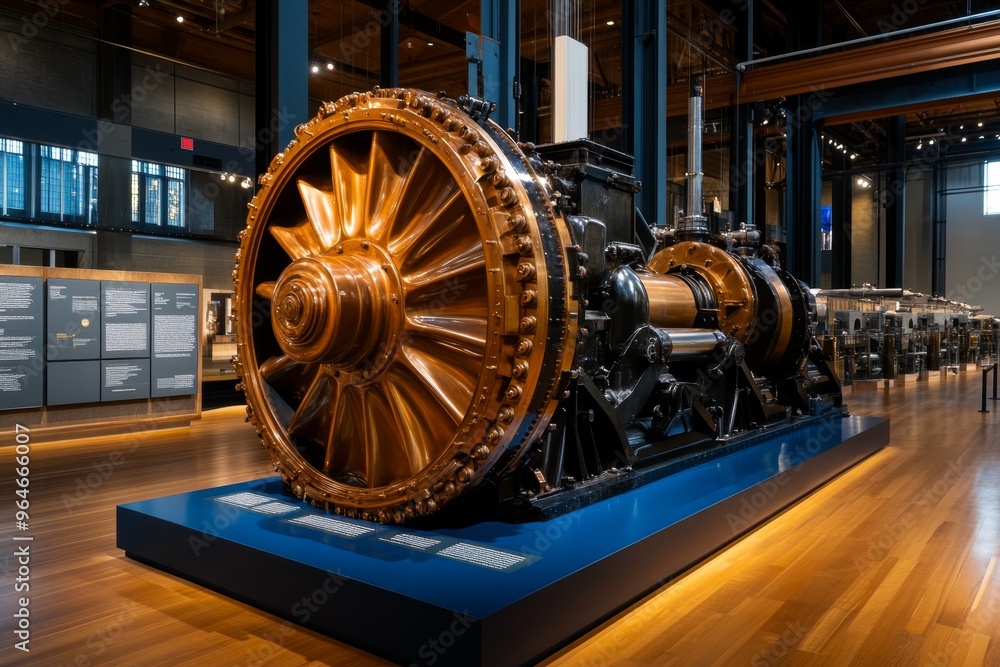 Antique engine preserved in a museum exhibit, telling the story of ...