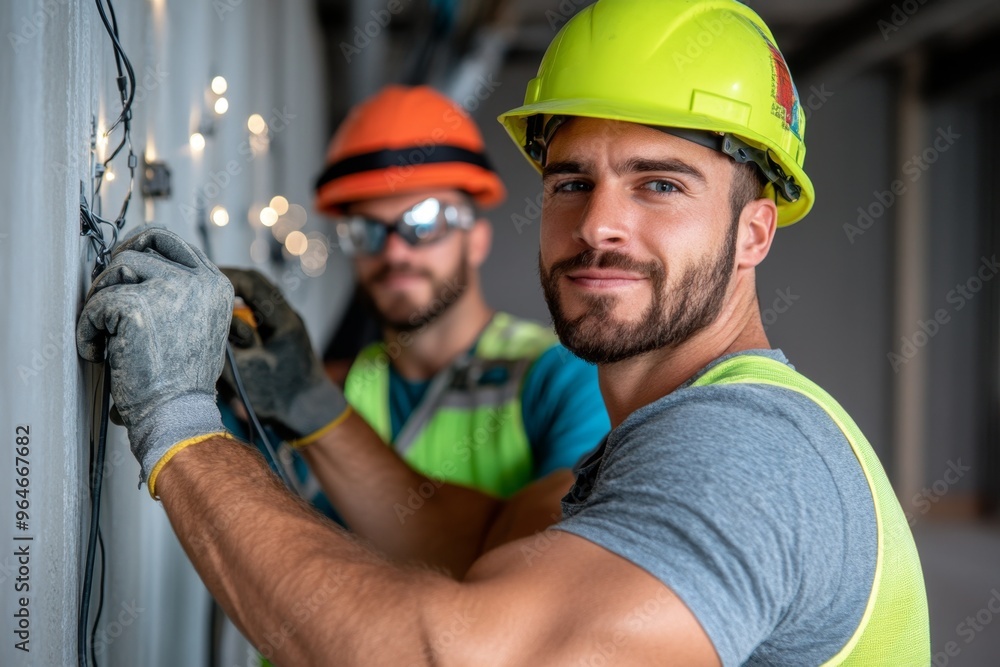 Construction workers installing electrical wiring in the walls of a ...