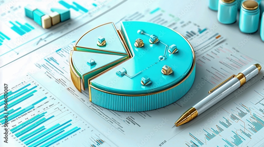 A modern turquoise pie chart surrounded by data sheets and a pen ...