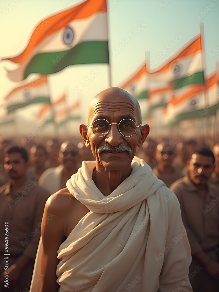 Poster Mahatma Gandhi (Gandhiji) smiling happily among people in India ...