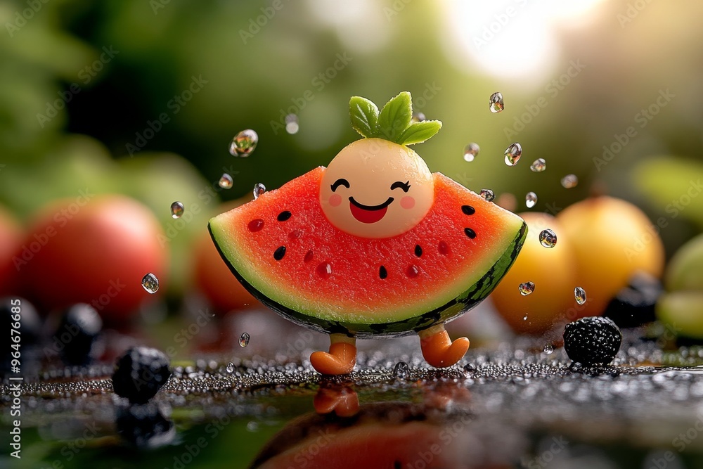 Kawaii cute figurine of a watermelon slice with a happy face and little ...