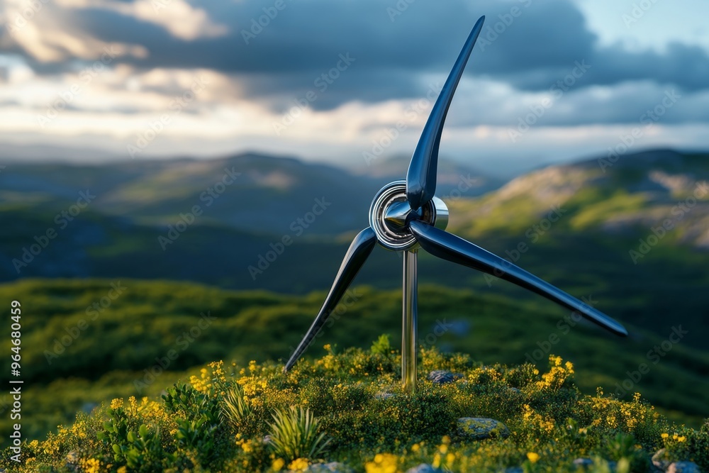 Wind turbine engine harnessing gusts on a breezy hilltop, turning ...