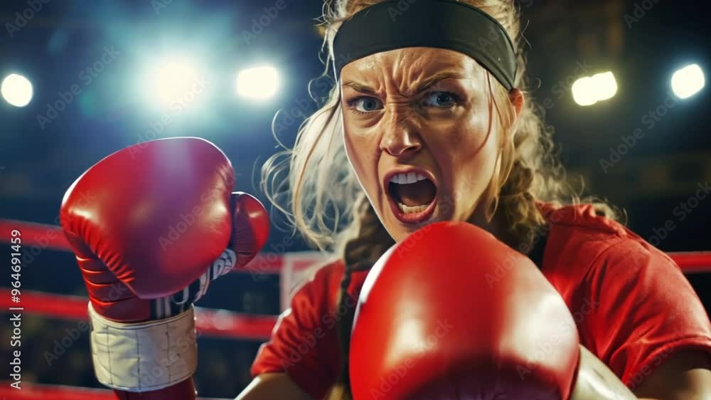 A female boxing referee in the middle of a boxing match, making a ...