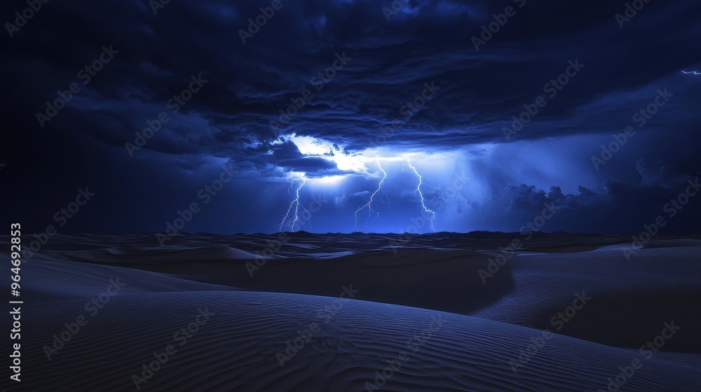 Dramatic lightning storm over a vast desert landscape, with flashes of ...