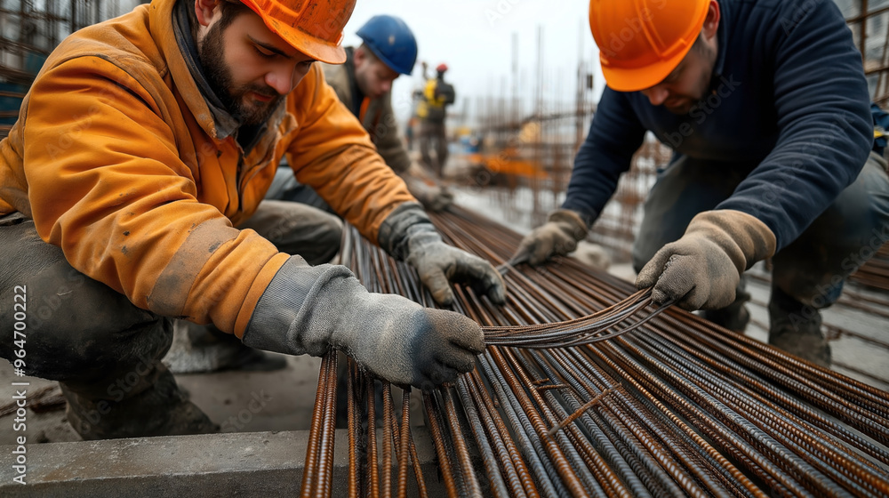 Construction workers in hard hats and gloves working with rebar at a ...