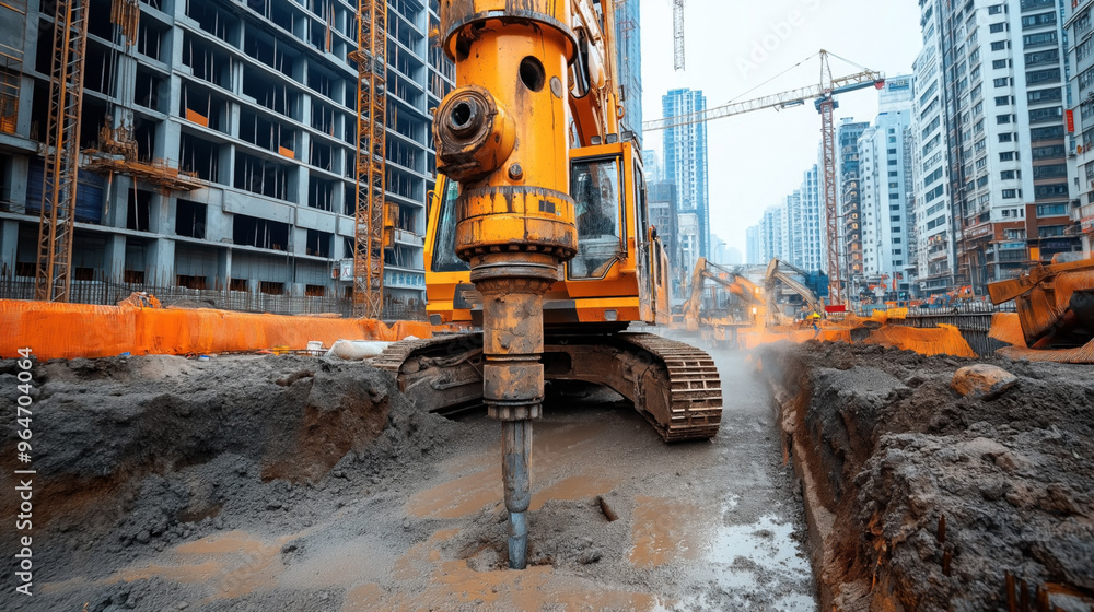 Large construction site with a drilling machine, high-rise buildings ...