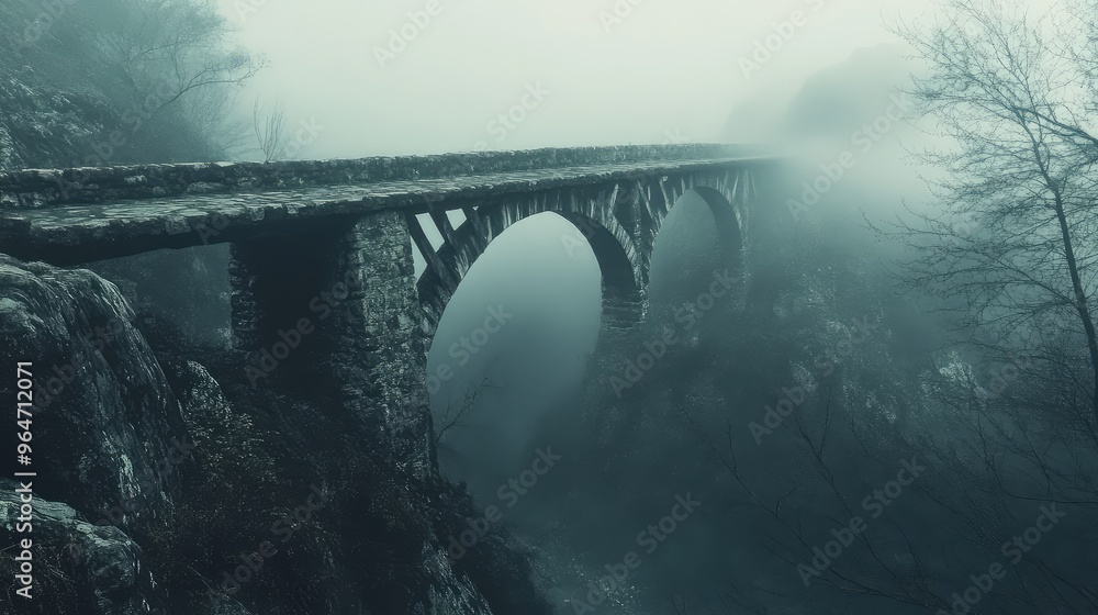 Old, creaky bridge crossing a deep, mist-shrouded ravine, the fog ...