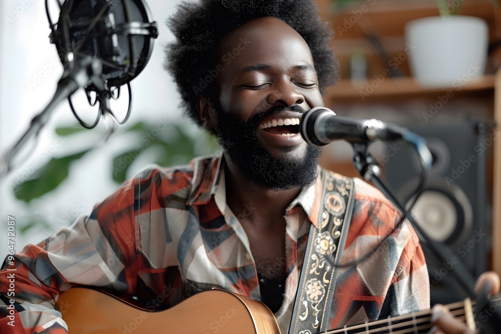 Afro american man singing and playing the guitar in front of a ...