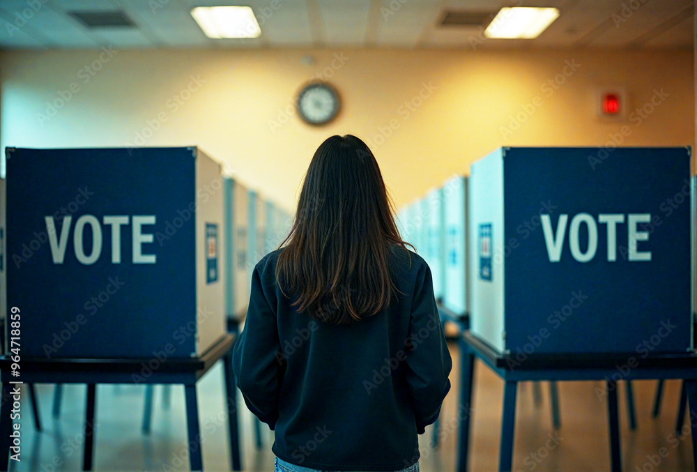 A woman stands between rows of voting booths with the word "VOTE ...