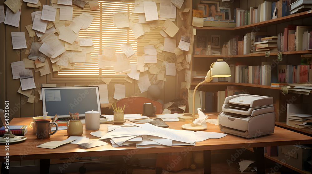 Disorganized workspace featuring pinned papers on walls, cluttered desk ...