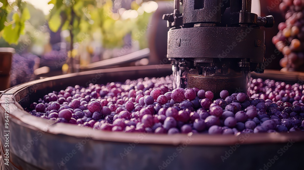 Grapes being pressed in a large barrel for winemaking, marking the ...