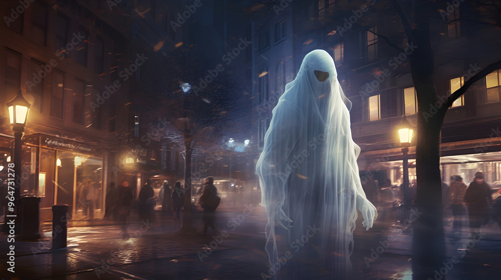 A ghostly figure, shrouded in eerie light, floats through a busy city ...