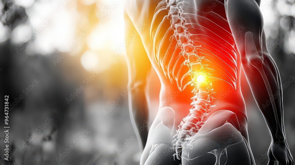 Monochrome image of a person's lower back with a red dot highlighting ...