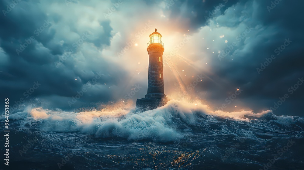 Towering lighthouse standing strong amid stormy seas, casting a guiding ...