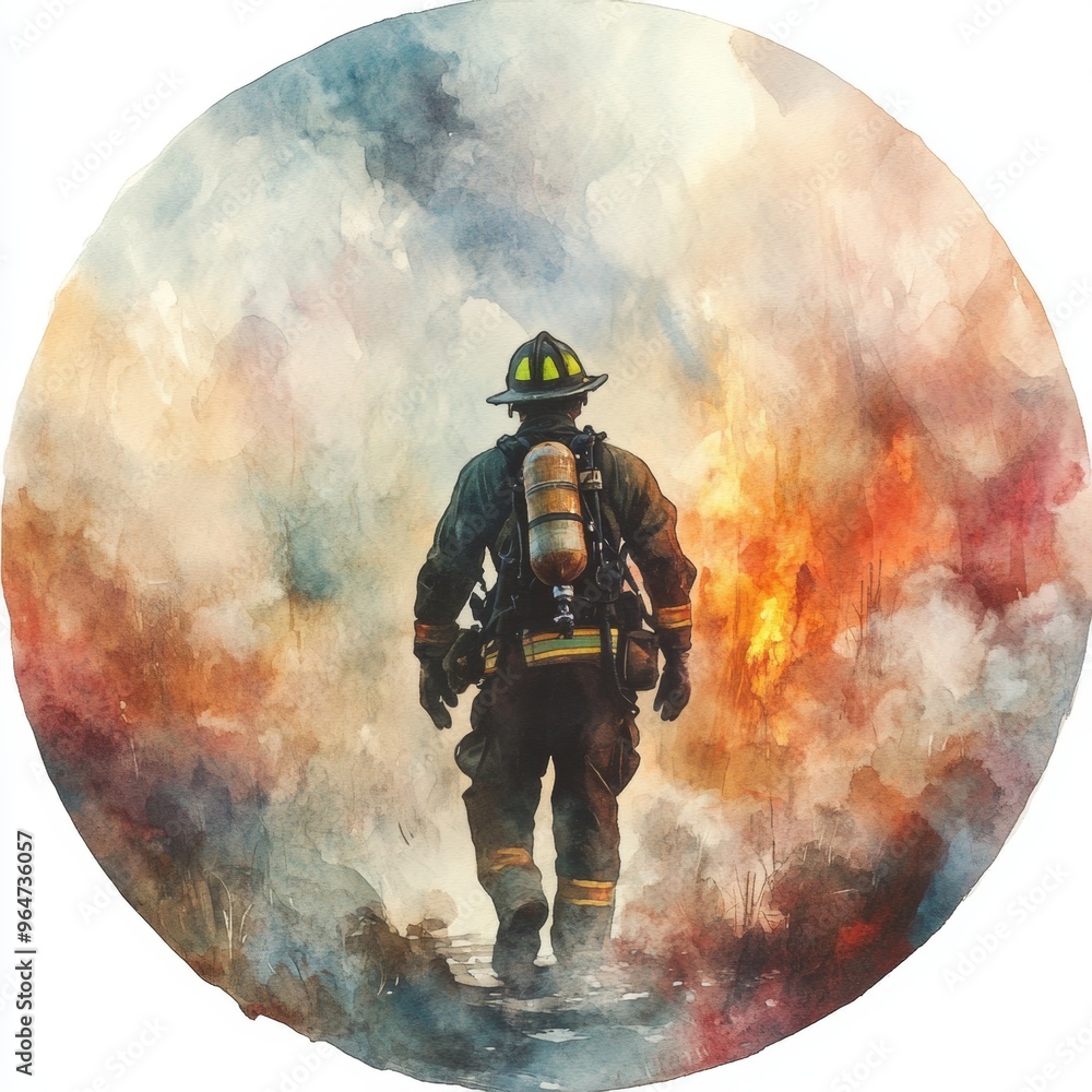 Into the Fire: Watercolor illustration of a firefighter walking towards ...