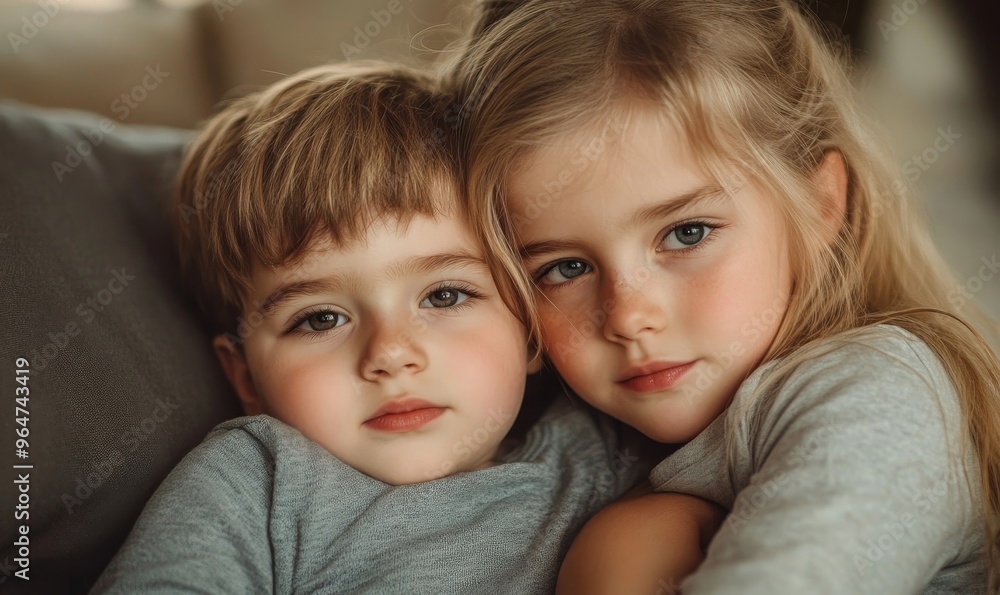 Head shot portrait of little kid girl cuddling smaller brother at home ...