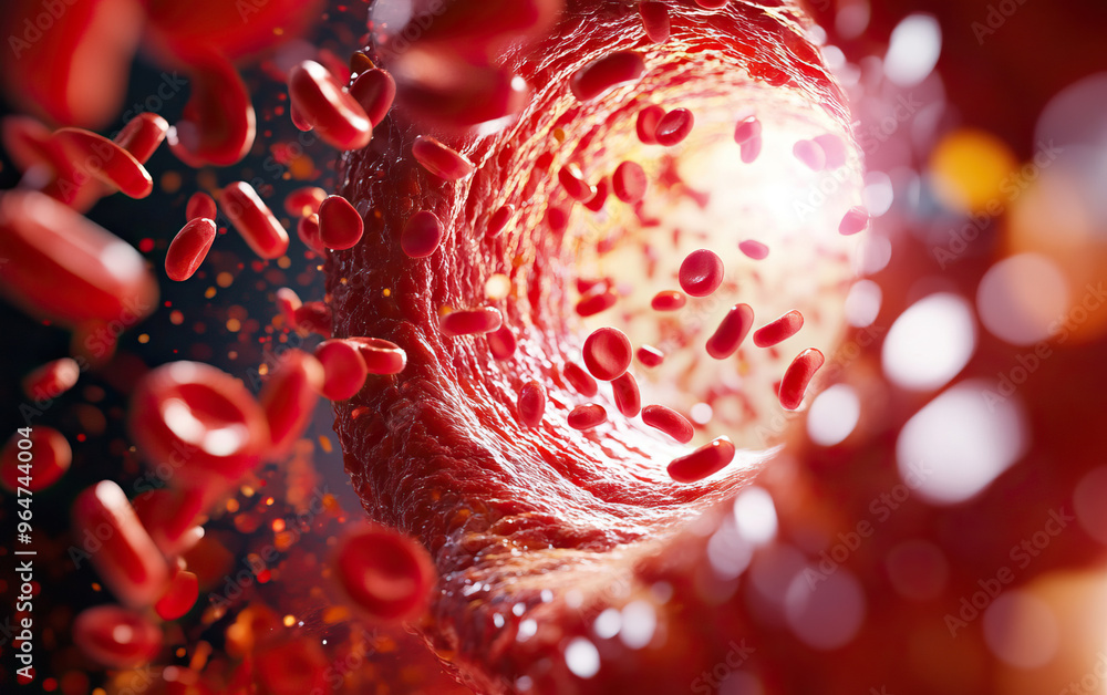 Close-up view inside a blood vessel with flowing red blood cells ...