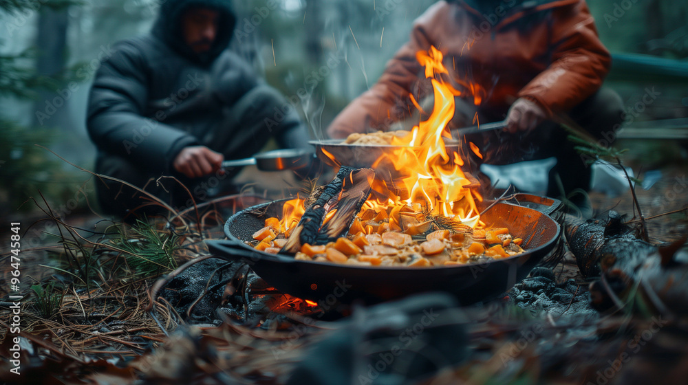 Two men cooking on the campfire in autumn winter cold. Camping making ...
