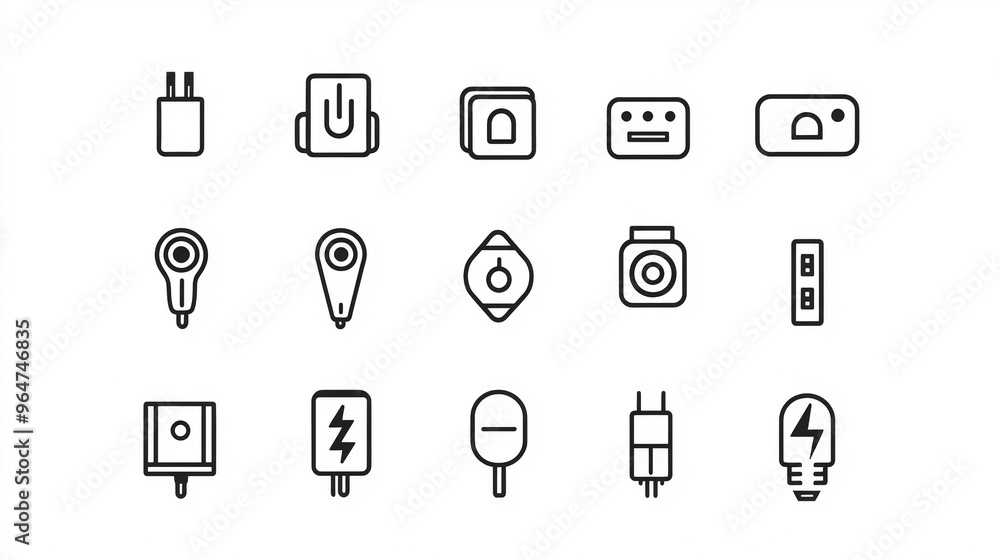 A set of icons showing different types of electrical plugs. They are ...