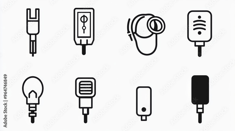 A set of icons showing different types of electrical plugs. They are ...