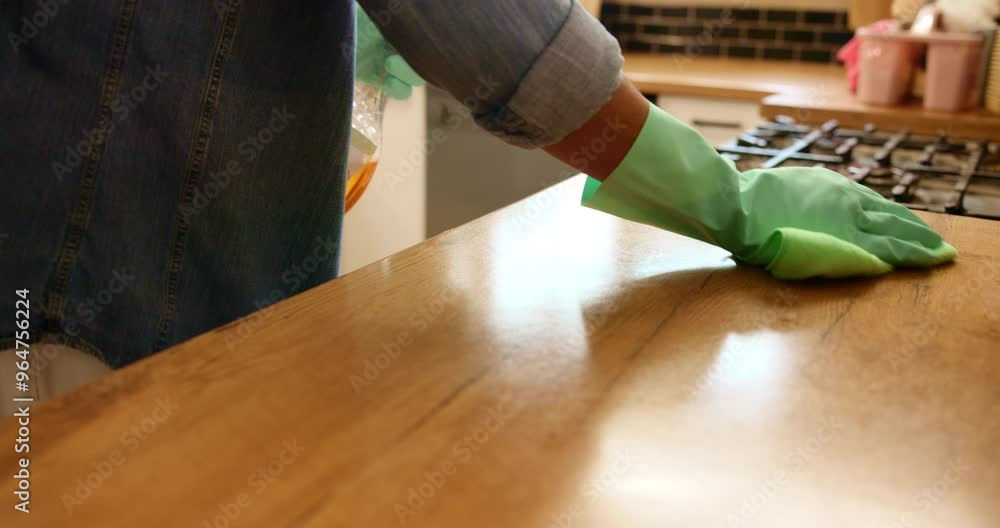 Cleaning, gloves and hands with chemical, home and spray for prevention ...