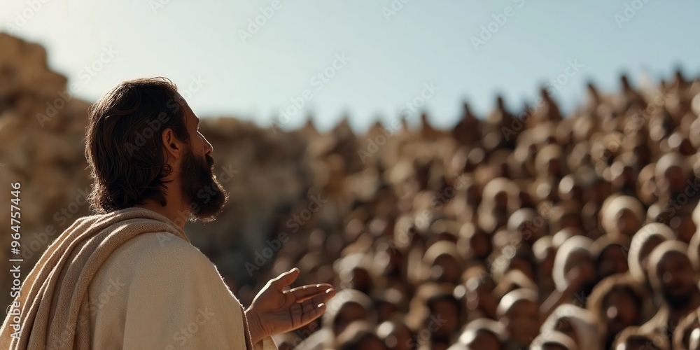 Jesus is giving the Sermon on the Mount, surrounded by multitudes of ...