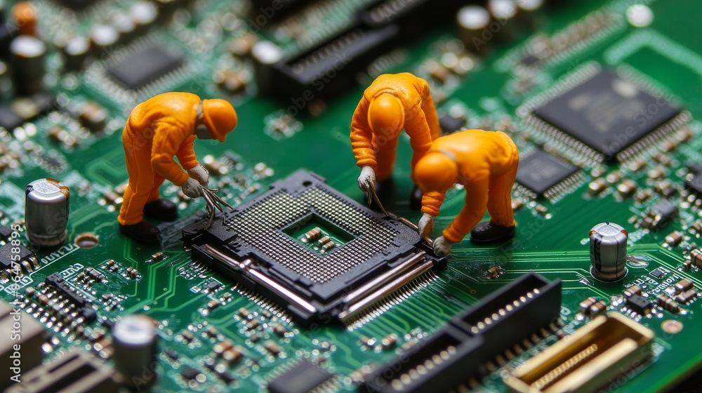 Tiny Workers Installing Processor on Circuit Board, Computer Repair, Motherboard, Microchip ...
