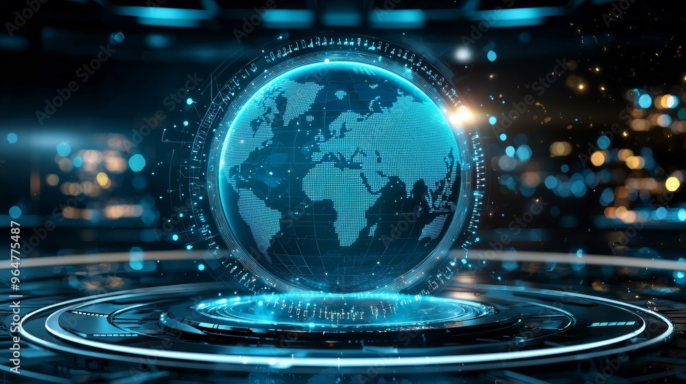 A futuristic 3D holographic globe interface displaying a dynamic ...