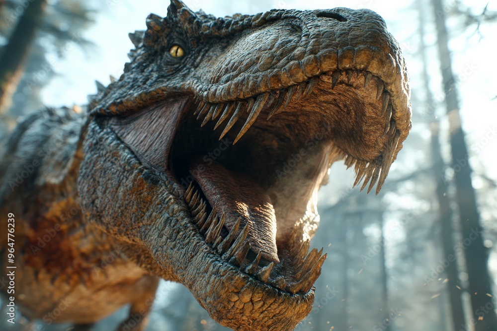 A highly detailed and realistic close-up of a roaring dinosaur in a ...