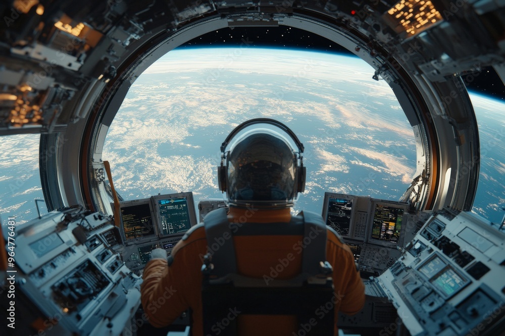 An astronaut in a space shuttle gazing at planet Earth through a window ...