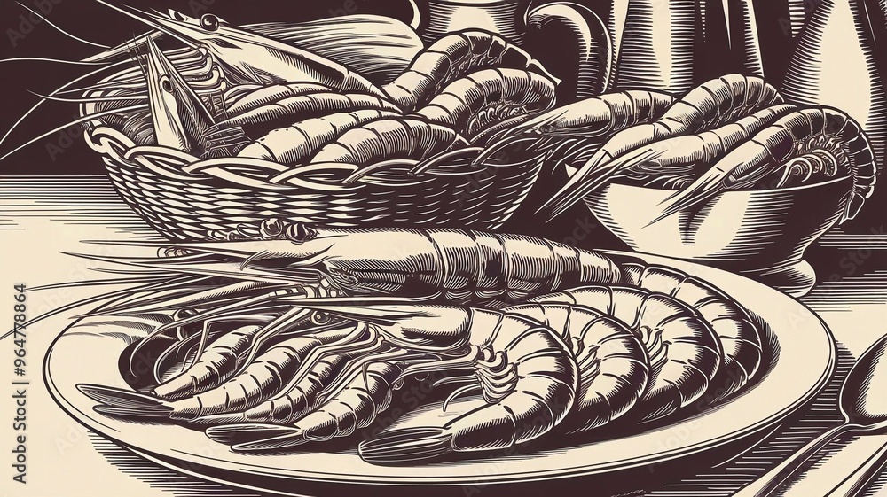Seafood, shrimp prawn. Vintage retro print, black white seafood shrimp ...